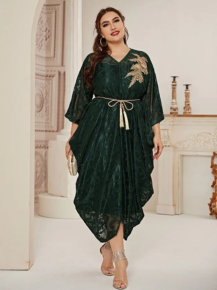 Uveng Womens Plus Size Midi Dresses 2022 Spring Green Belt Large