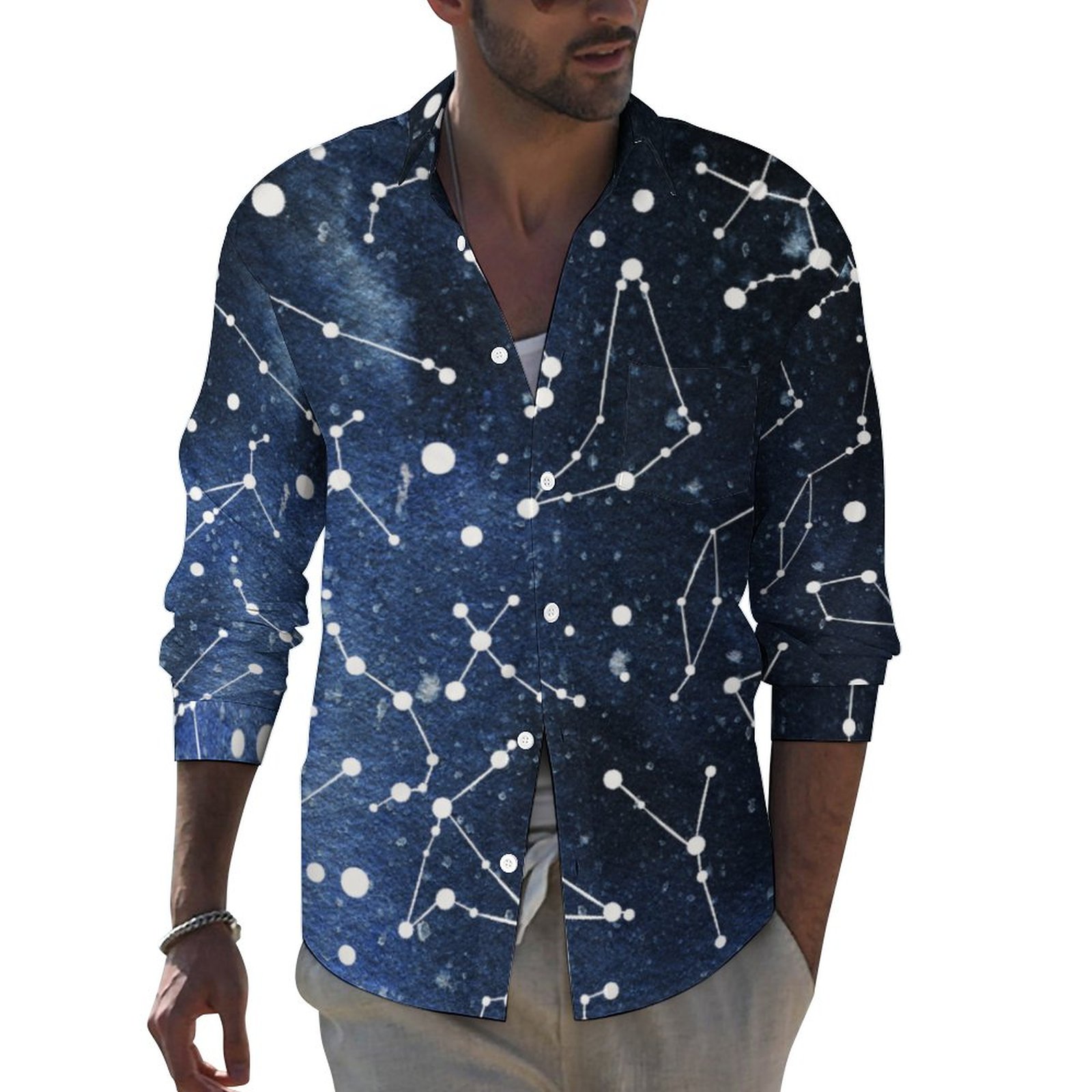 Cool Dark Blue Night Sky Constellations Men's Casual Long Sleeve ...