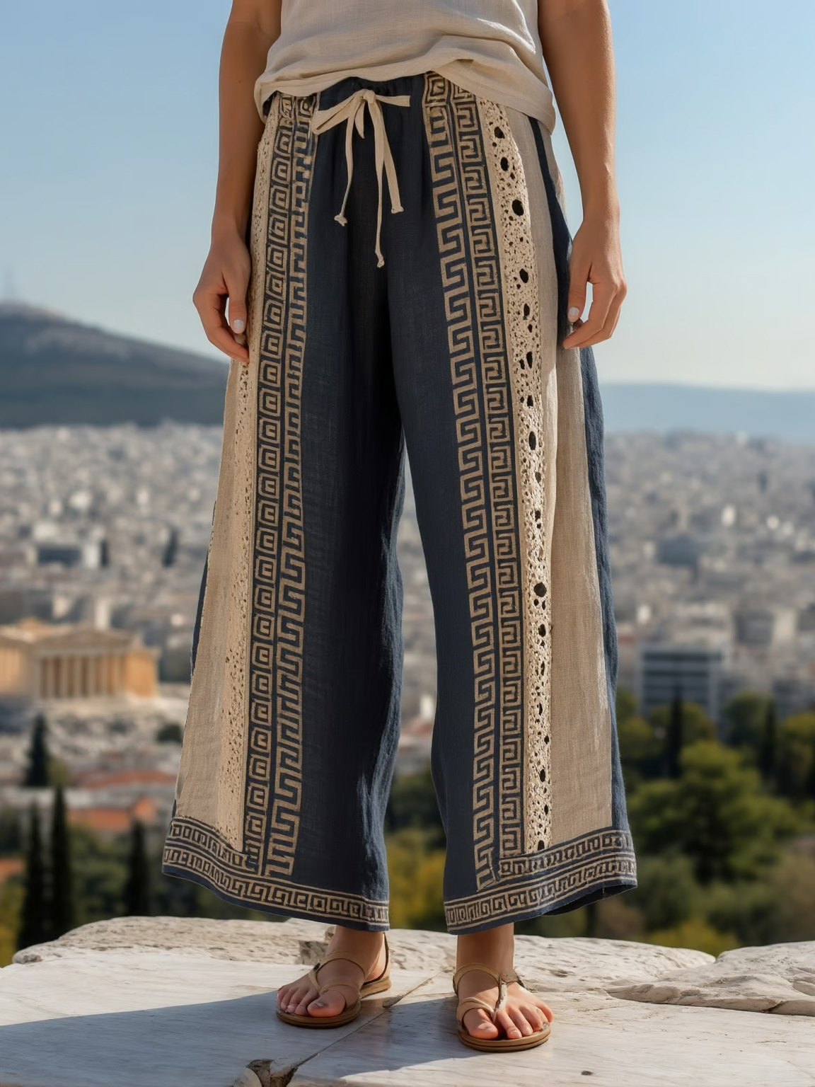 Women's Greek Key Contrast Patchwork Linen Blend Wide Leg Pants