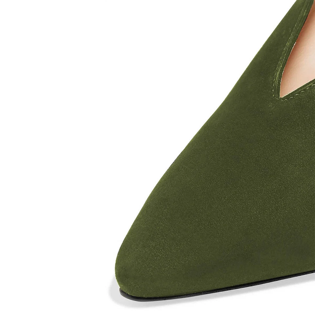 YDN Cone Heel V-Cut Pointed Toe Olive Mule Shoes for Women