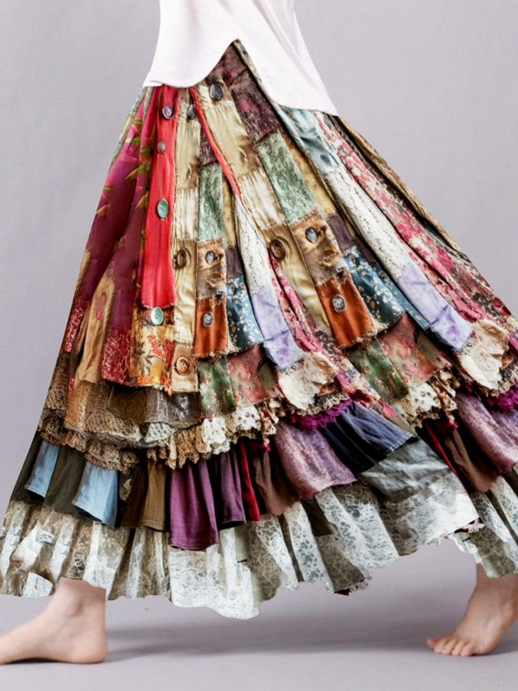 Boho Colorful Patchwork Textile Flowy Linen And Lace Blend Wide Skirt