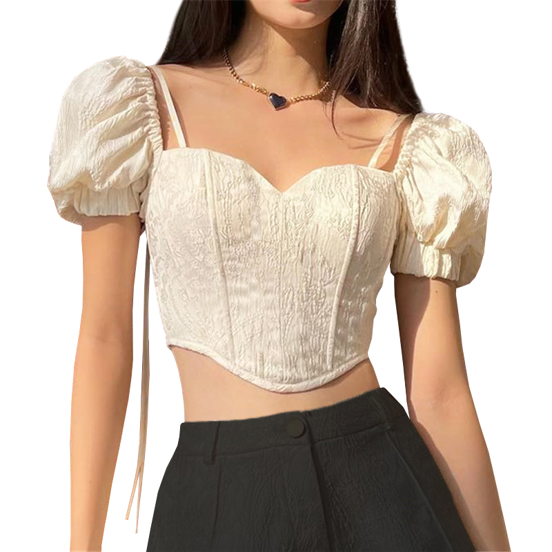 SQUARE NECK LACE UP BOW PUFF SLEEVE TOP
