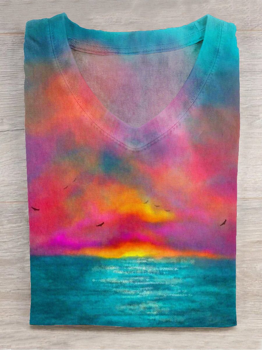Unisex Landscape Art Print V-Neck Short Sleeve T-Shirt