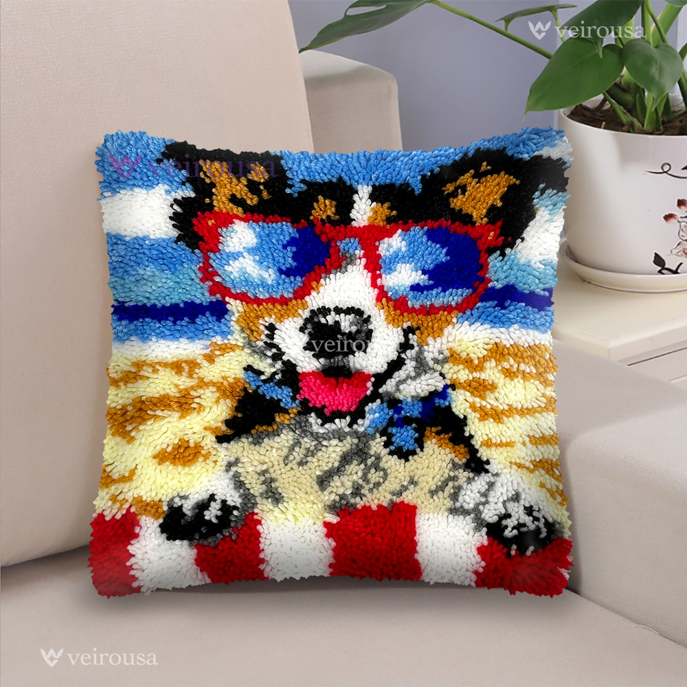 Dog Wearing Glasses On The Beach Latch Hook Pillow Kit Hooked Cushion ...
