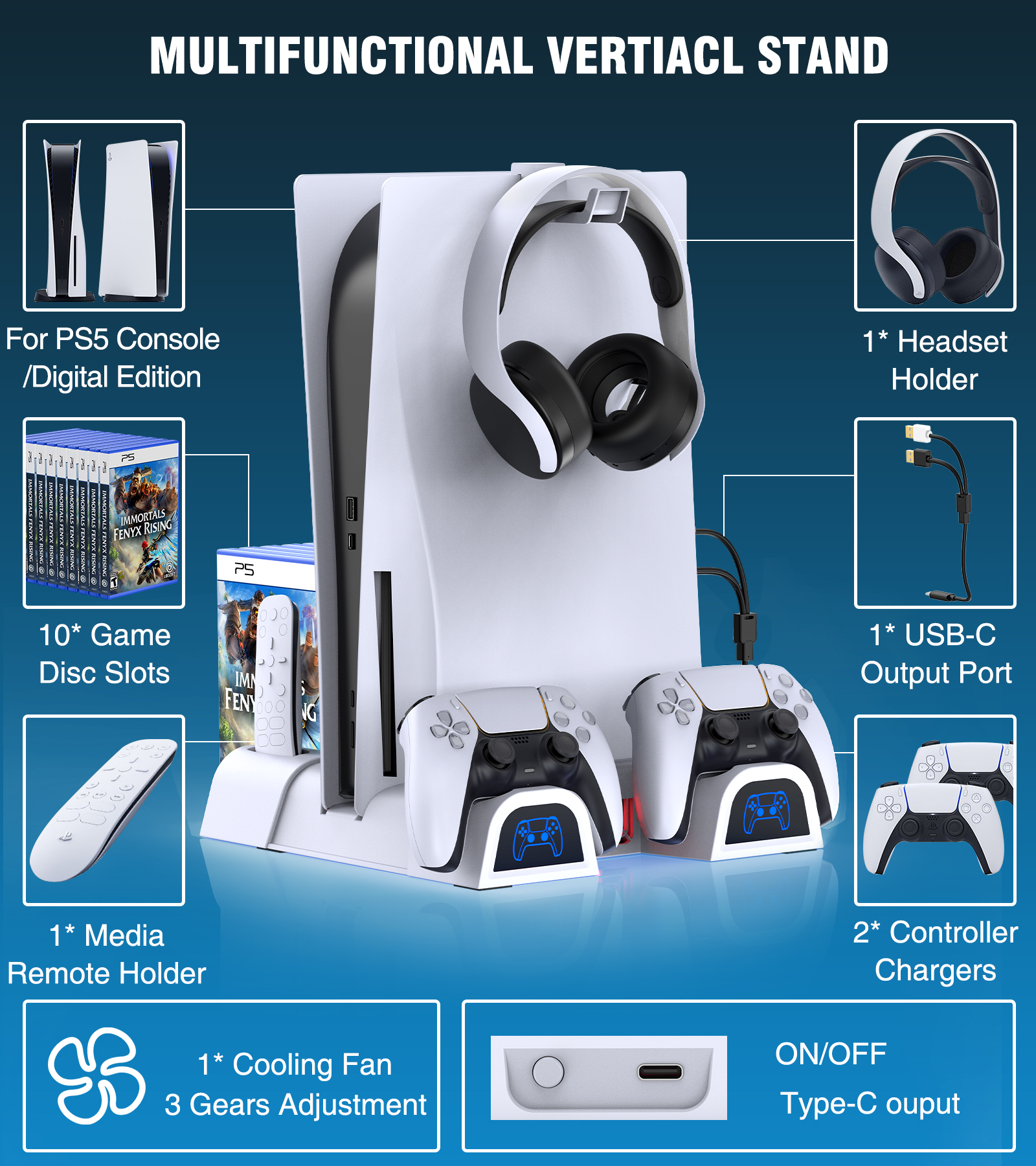 Fans for PS5 Vertical Stand with Cooling Fan and Dual PS5 Controller ...