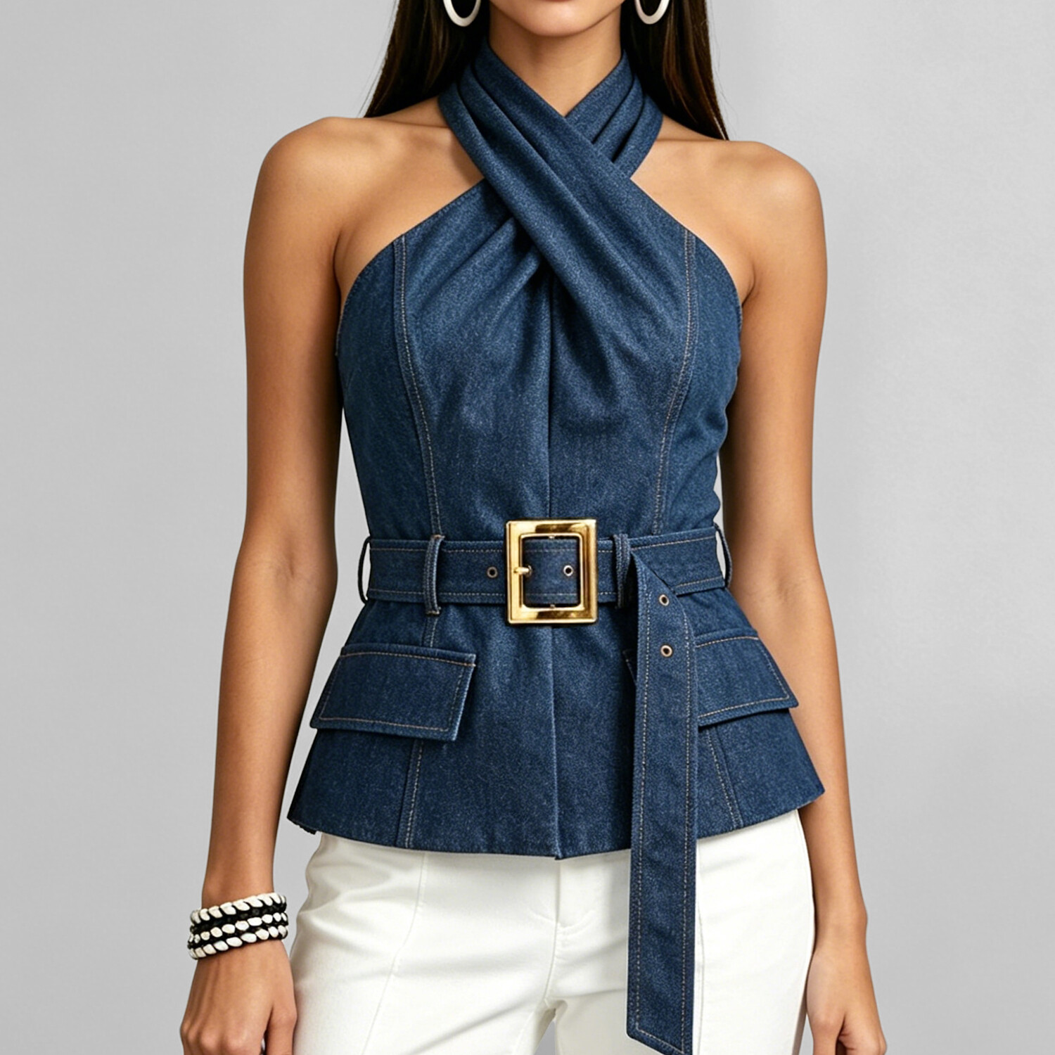 Women's Fashion Denim Flap Pocket Cross Halter Neck Tank Top