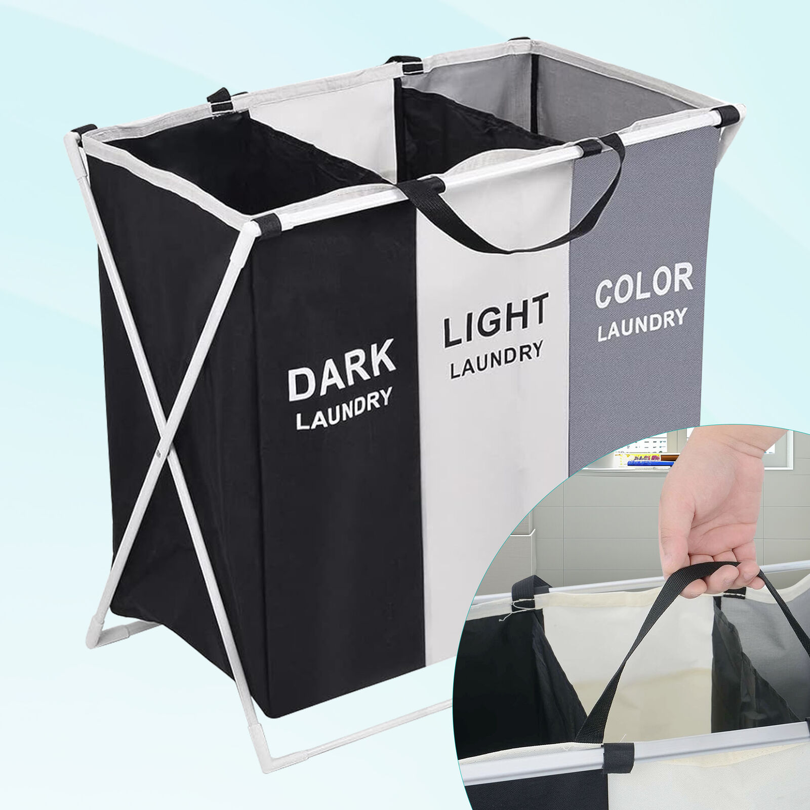 Laundry Hamper 3 Section with Waterproof Oxford Bag, Stainless Steel ...