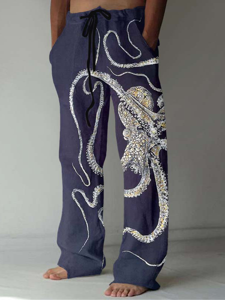 Vintage Japanese Art Octopus Linen Blend Pants