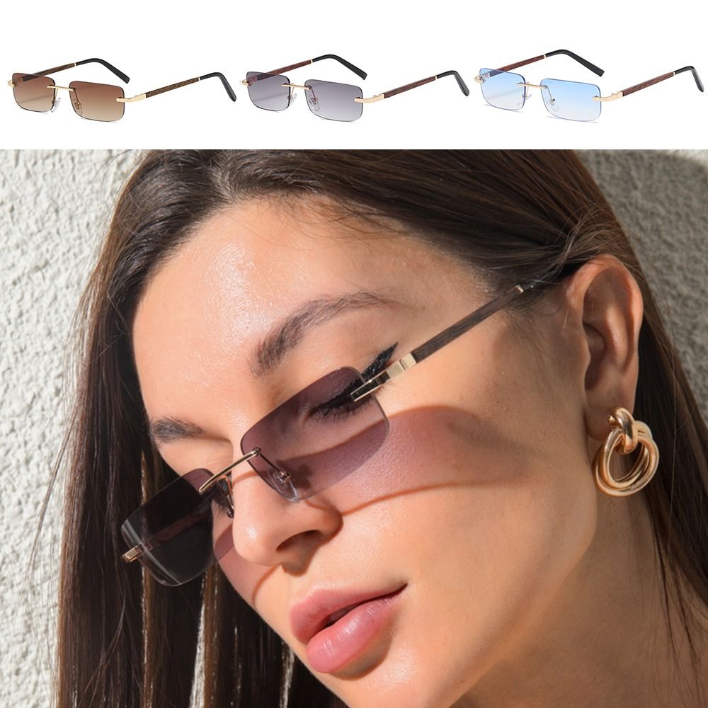 Rimless Wood Grain Leg Sunglasses Vintage Gradient Lens UV400 ...