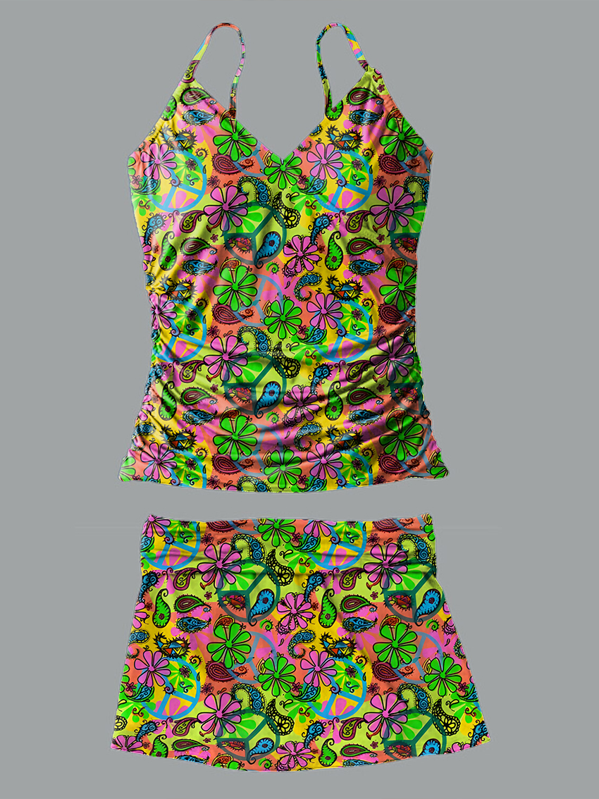 V-Neck Vintage Multicolor Hippie Art Print Suspender Skirt Tankini ...