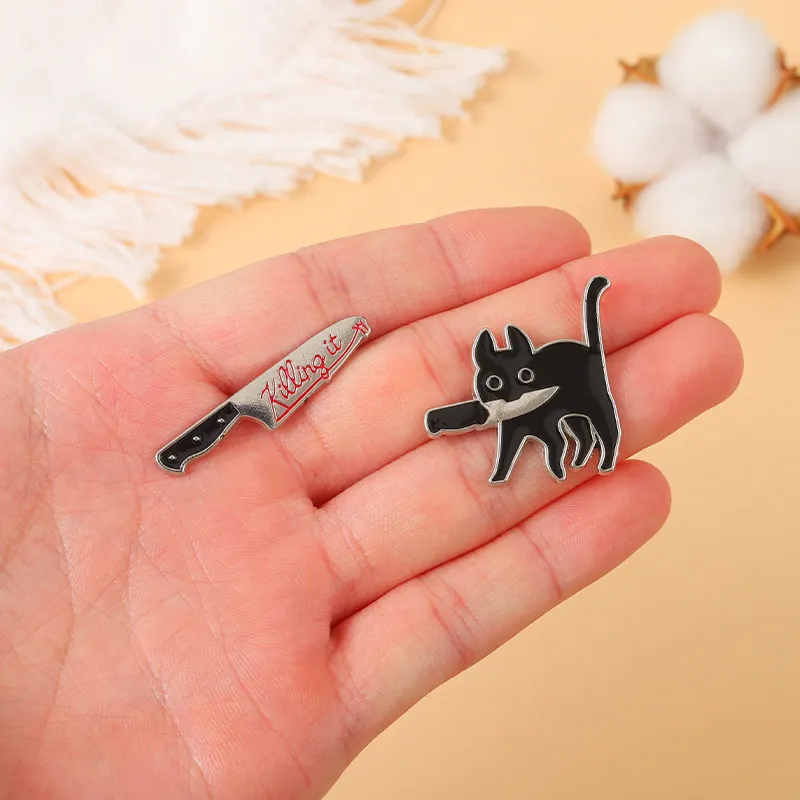 Enamel Pin Animal Black Cat Knife Brooch Black Cat Dagger English Metal ...