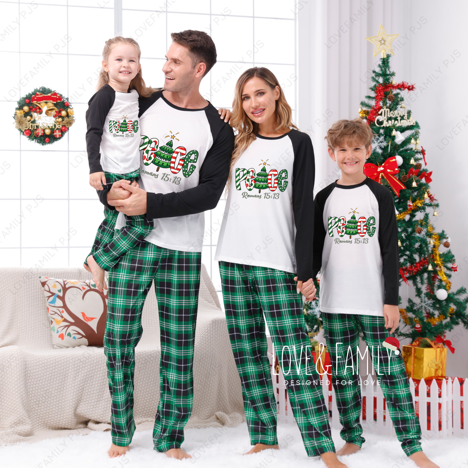 Nativity Peace Family Christmas Green Plaids Pajamas Sets