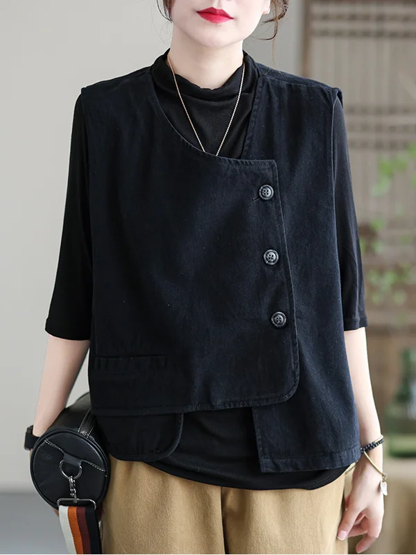 Vintage Asymmetric Buttoned Solid Color Vest Top