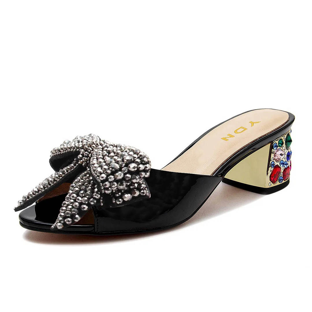 Black Open Toe Block Heel Rhinestone Bow Mule Shoes for Women