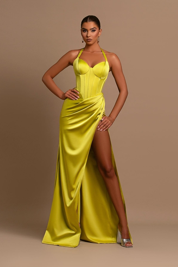 Daisda Fashionable Yellow Halter Neck Mermaid Prom Dress With Split