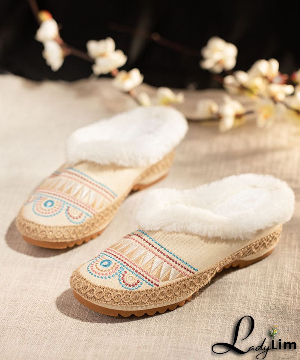 Comfy Splicing Women Beige Fuzzy Wool Lined Slippers Shoes - Ladylim