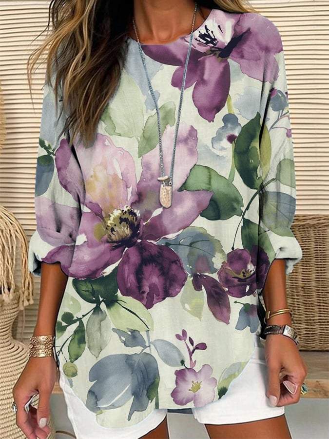 Women's Retro Botanical Floral Design Loose Long Sleeve Crew Neck Top