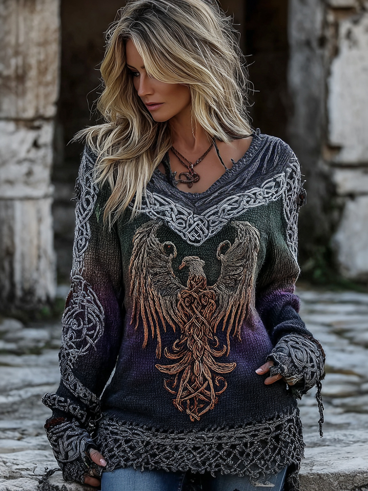Women's Mythical Phoenix Embroidered Celtic Knot Comfortable V-neck Sweater