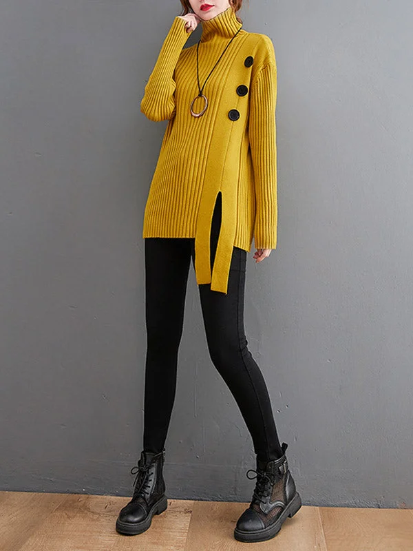 Urban Buttoned Split-Side Asymmetric Split-Joint High-Neck Sweater