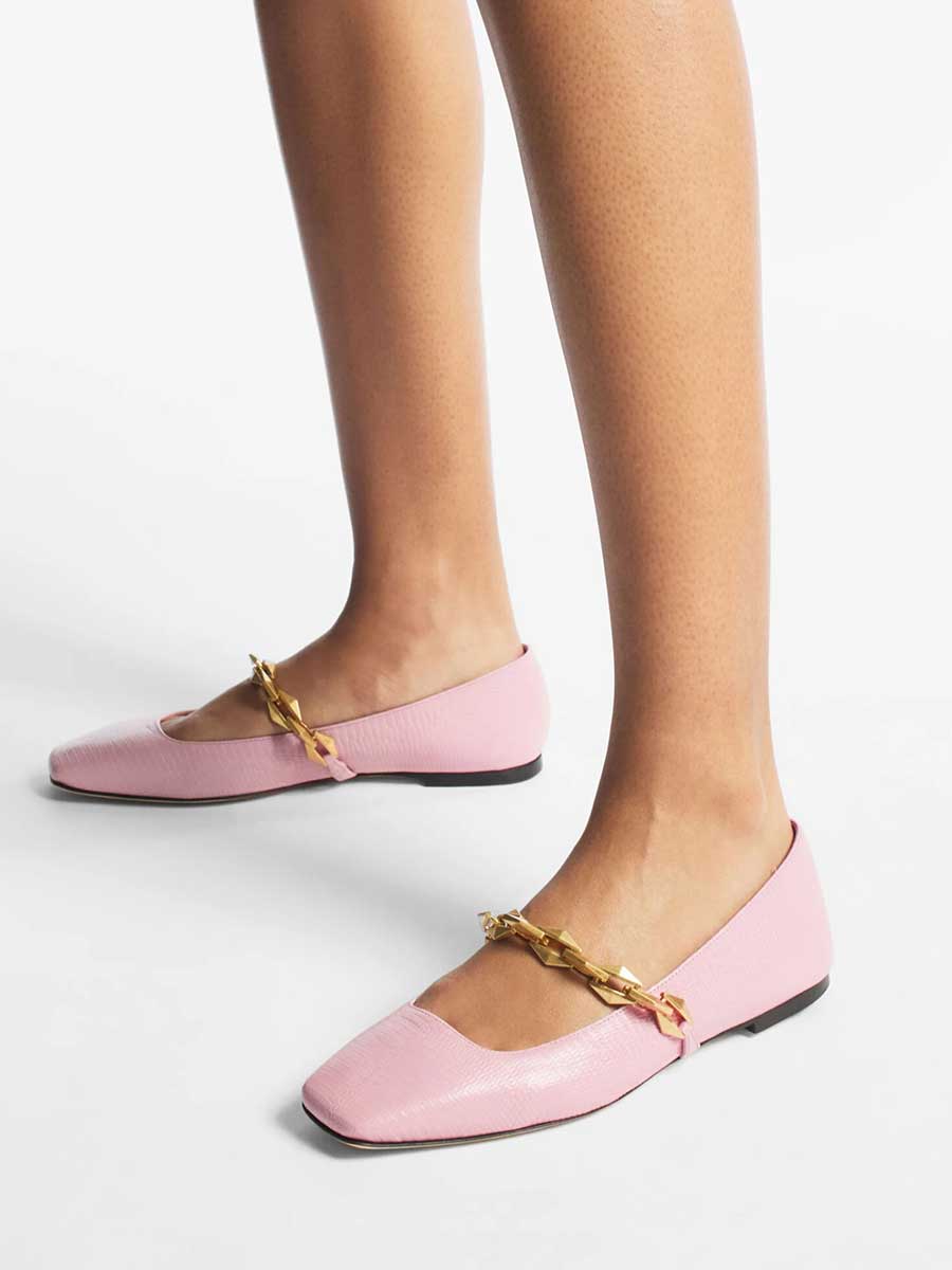 Vegan Leather Square Toe Croc Embossed Gold Chain Pink Mary Janes
