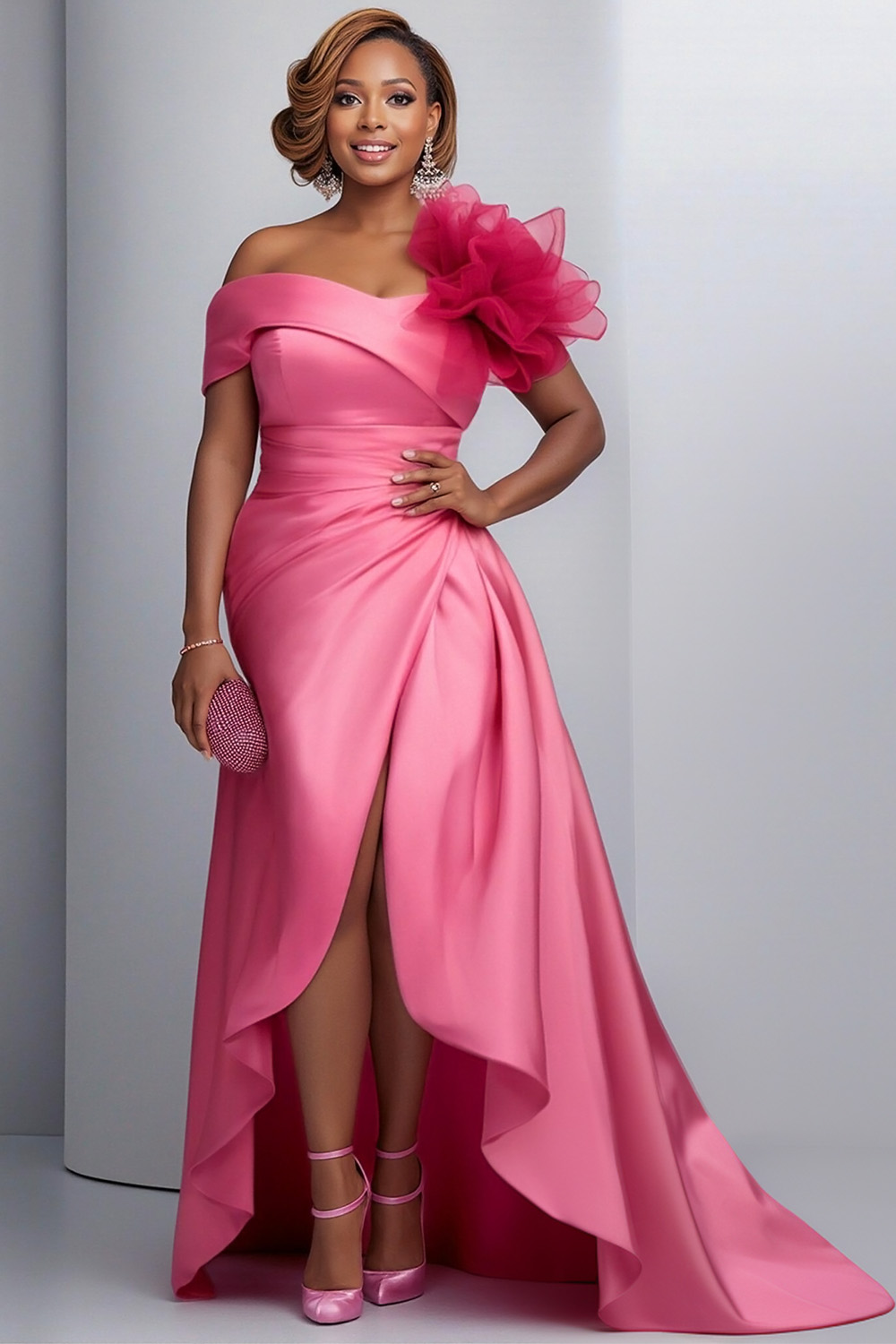 Xpluswear Design Plus Size Formal Pink One Shoulder 3D Split Satin Maxi ...