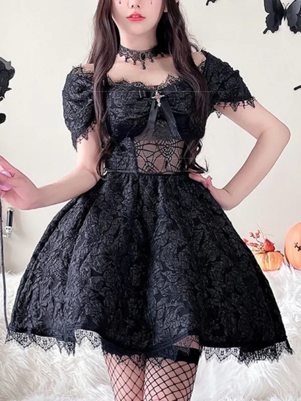 Gothic Dark Short Sleeve Lace-up Bowknot Embroidered Mini Dress
