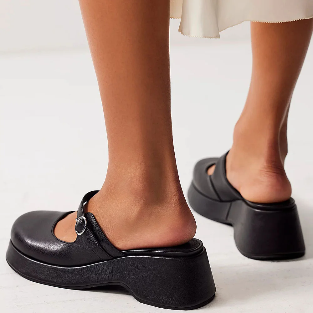 Black Vegan Leather Round Toe Chunky Heel Backless Mary Jane Pumps