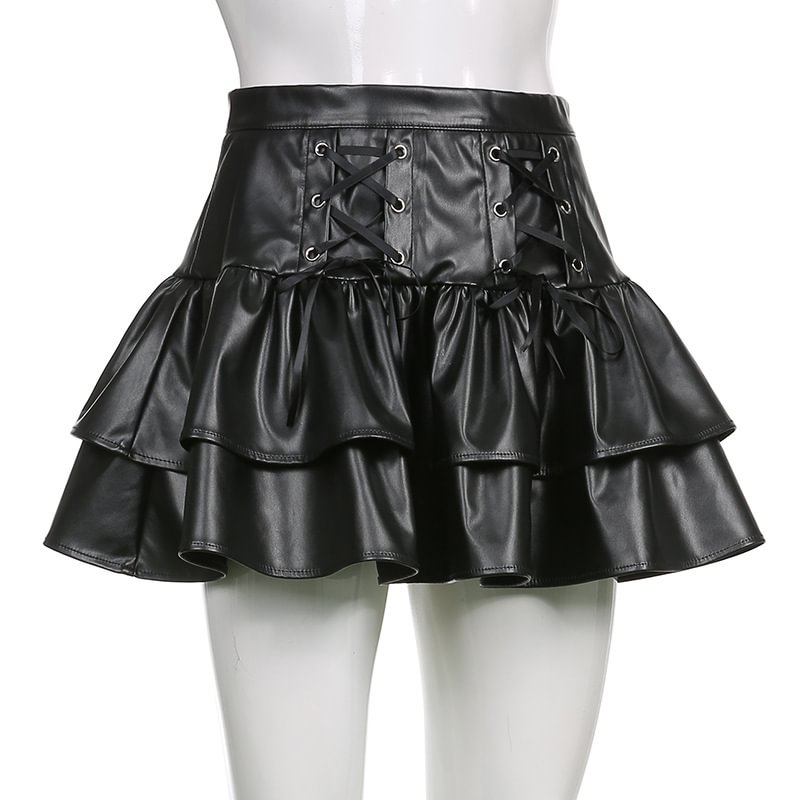 DOUBLE LAYER RUFFLED LACE UP LEATHER SKIRT
