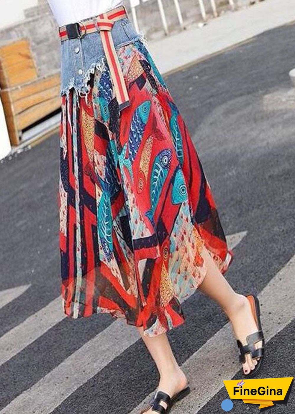 FineGina French Red Patchwork Print Chiffon Skirt Summer