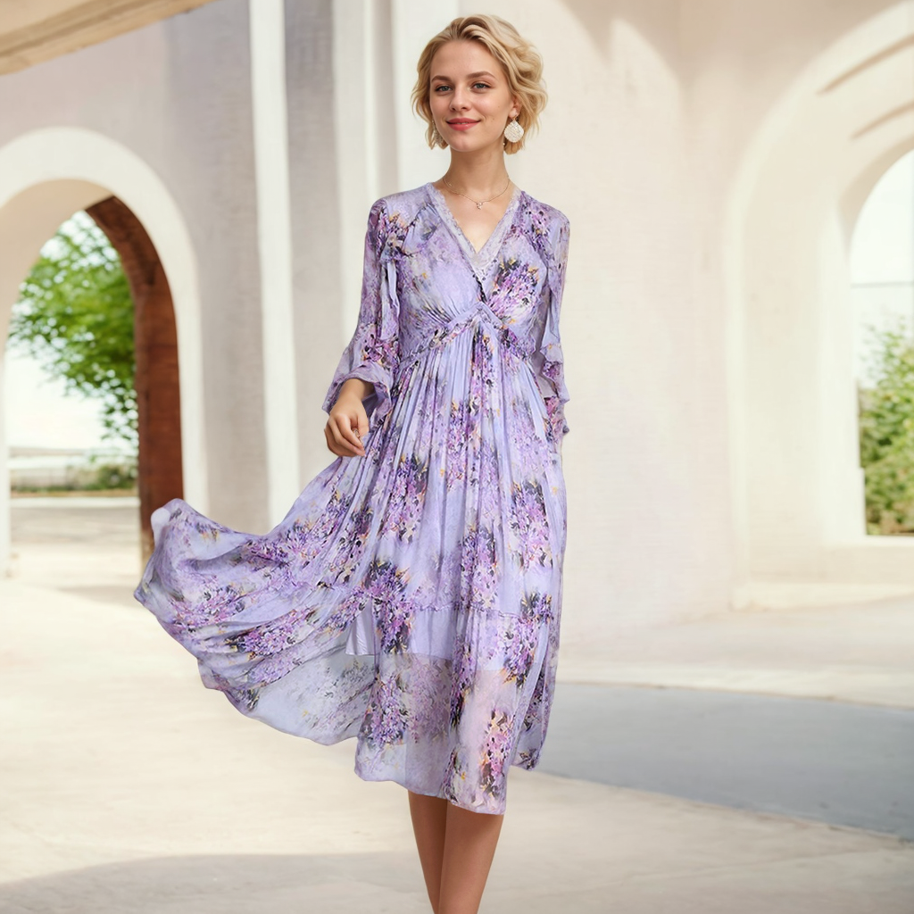 Real Silk Life | Purple Silk Maxi Dresses | Lace decoration Beach Style