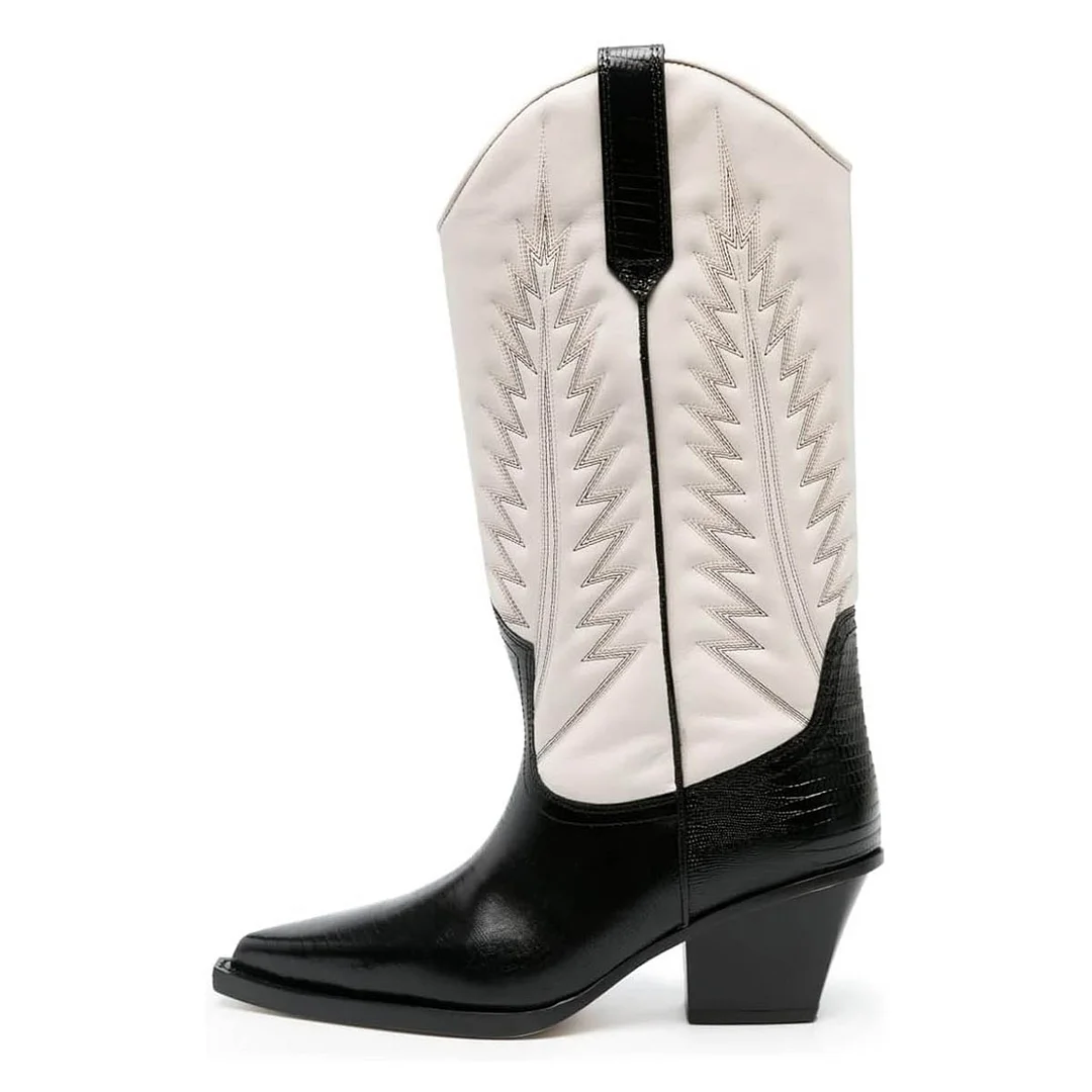 White & Black Pointed Toe Stitching Wide Calf Cowboy Boots for Women