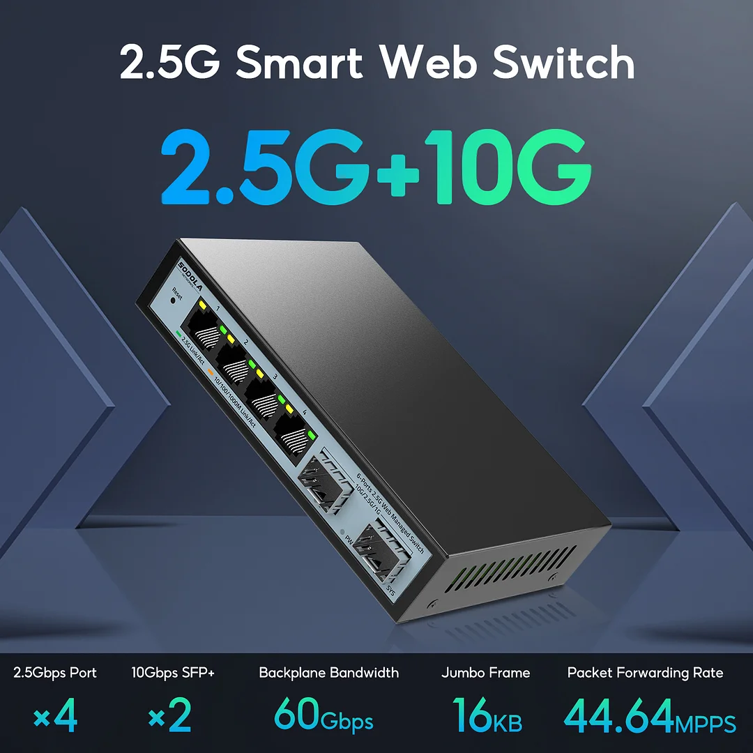 SODOLA 6 Port 2.5G Easy Web Managed Switch, 4 x 2.5G Base-T Ports, 2 x ...