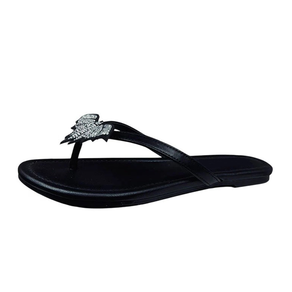 Black Open Toe Flat Rhinestone Bat Flip Flop Women's Sandals