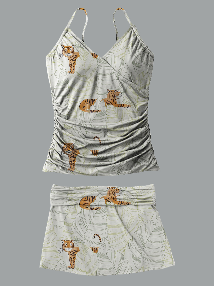 V-Neck Tiger Art Print Suspender Skirt Tankini Pantskirt Set Swimsuit