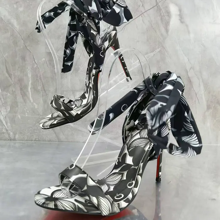 100mm Women's High Heels Fashion Floral Bow Ribbon Silk Red Bottom Sandals