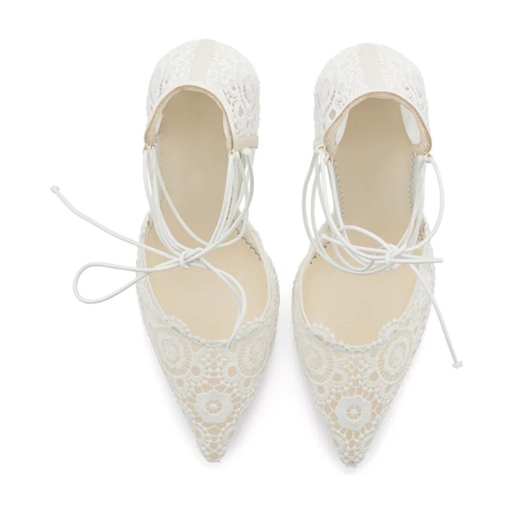 White Lace Closed Toe 3'' Stiletto Heel Lace Up Pumps