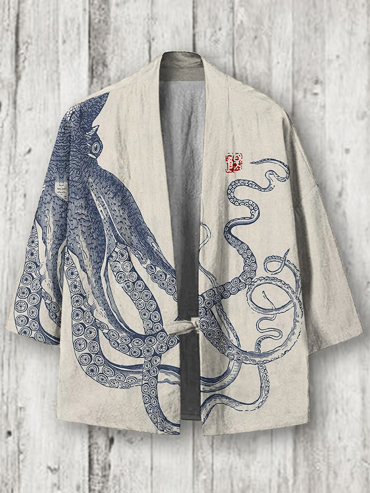 Vintage Octopus Japanese Art Linen Blend Kimono Cardigan