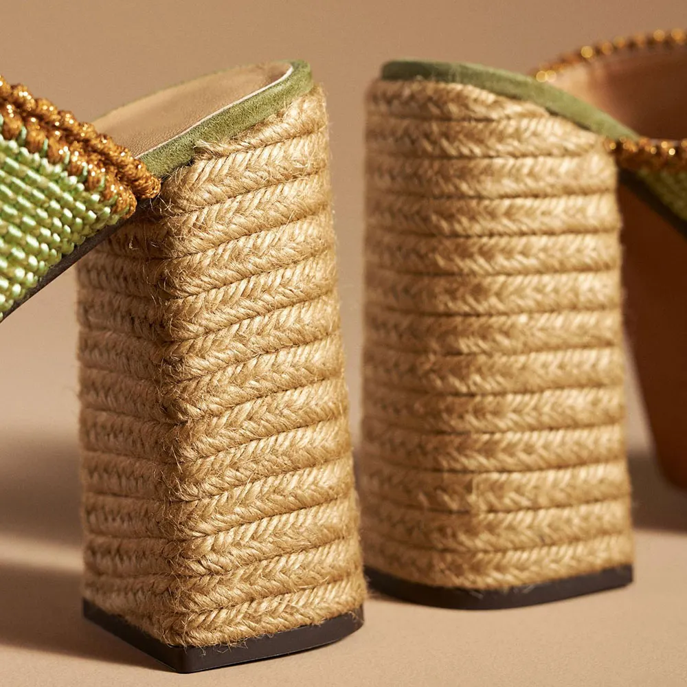 Green Open Square Toe 5'' Chunky Heel Woven Platform Mules