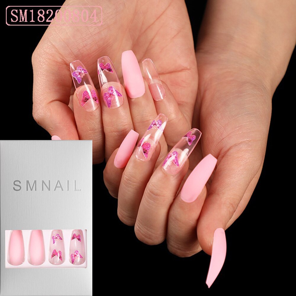 24 Pcs/Box Fake Nail with Design Fashion False Nail Tips French Full ...