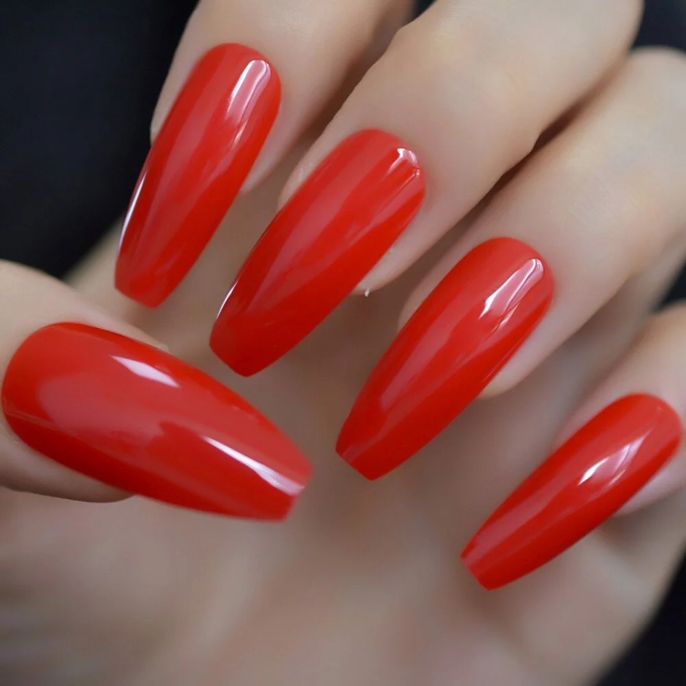 Chinese Red Long Coffin Nails Sexy Glossy Extreme Press On Fake Nails