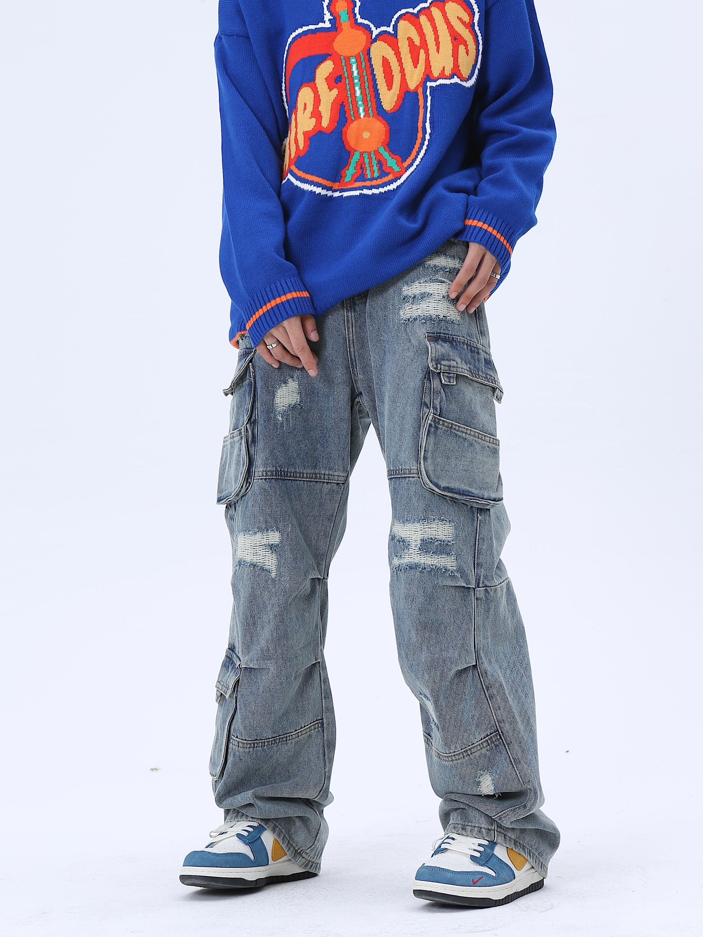 Light Blue Bleach Wash Distressed Multi-Pocket Cargo Denim