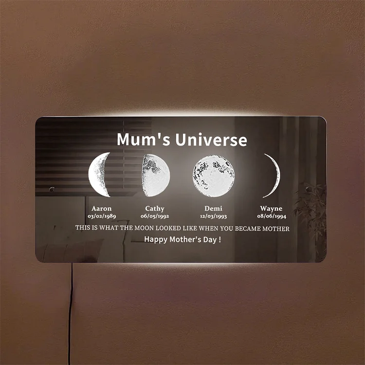 Custom Moon Phase Frame Mirror Light With Text & Date- Custom Art Frame ...