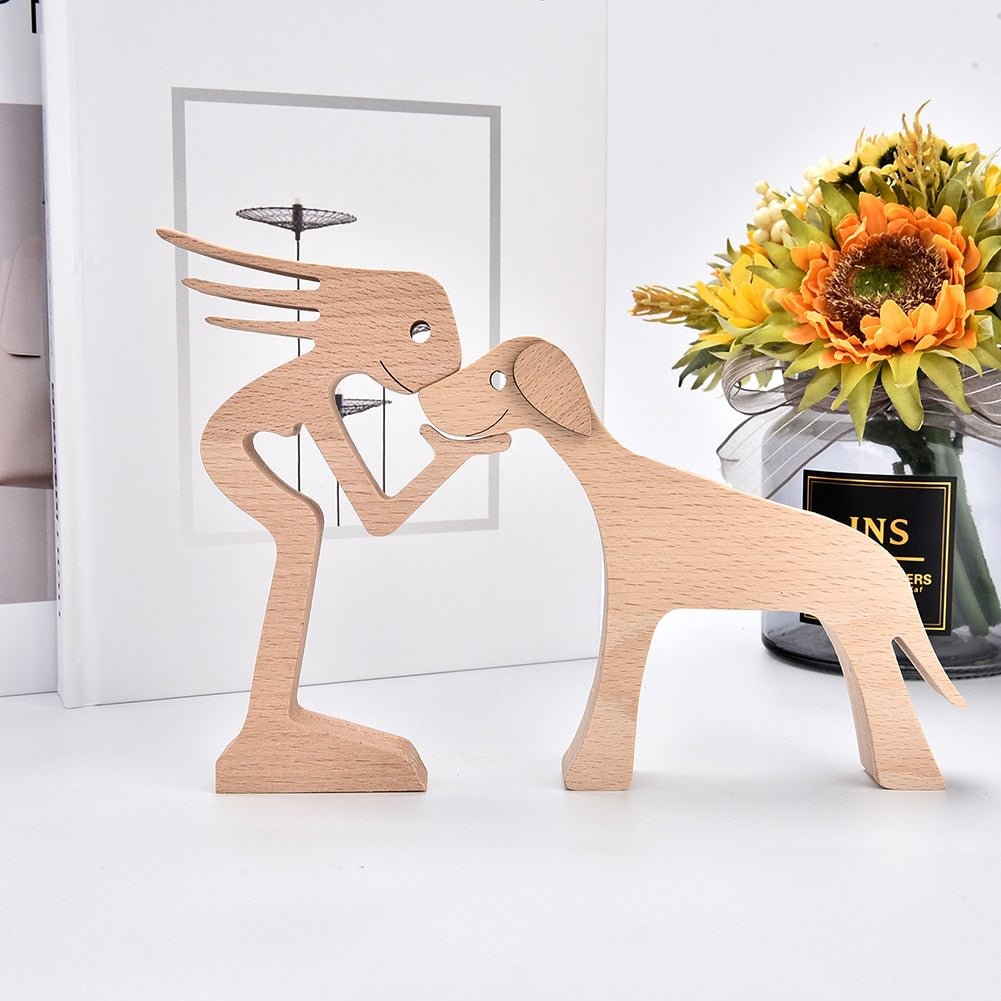 Family Puppy Wood Dog Craft Figurine Desktop Table Ornament Carving ...