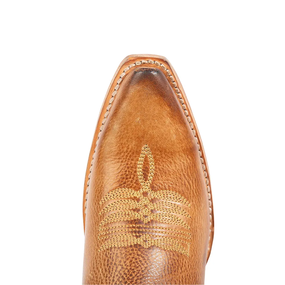 Tan Distressed Snip Toe Heeled Ankle Boots with Two Brass Zips