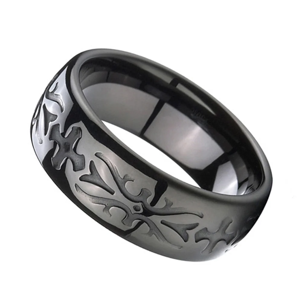 8mm Black Tungsten Carbide Ring Cross Flower Carving Top Band ...