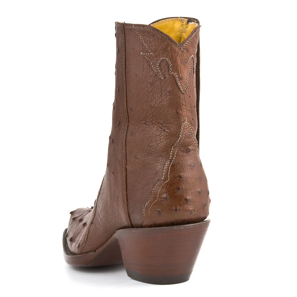 Brown Ostrich Embossed Snip Toe Chunky Heel Zipper Cowgirl Ankle Boots