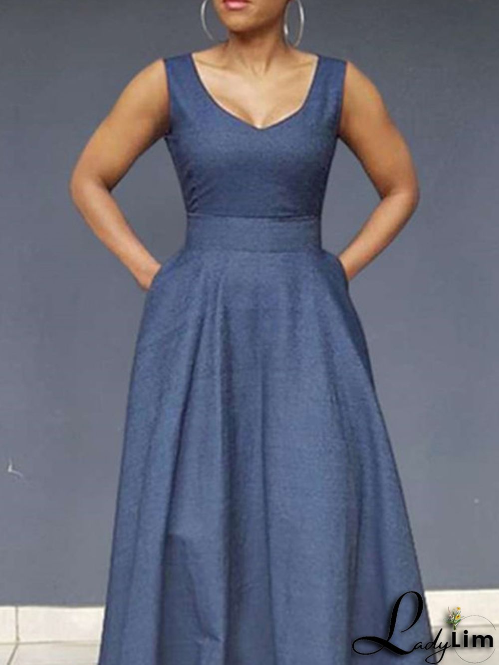 Elegant V Neck Pocket Plain A-Line Denim Tank Maxi Dress - Ladylim