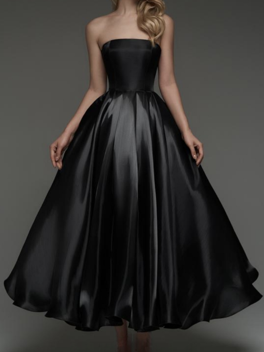 Striking Midnight Black Satin Gown with Strapless Silhouette