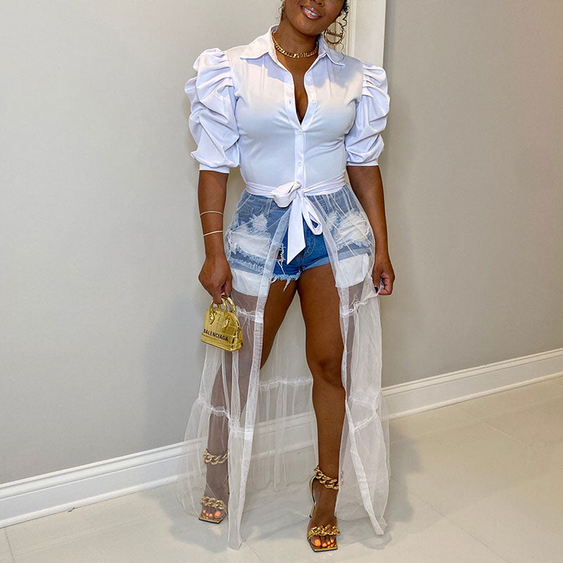 Solid Puff Sleeve Sheer Mesh Patchwork Dress