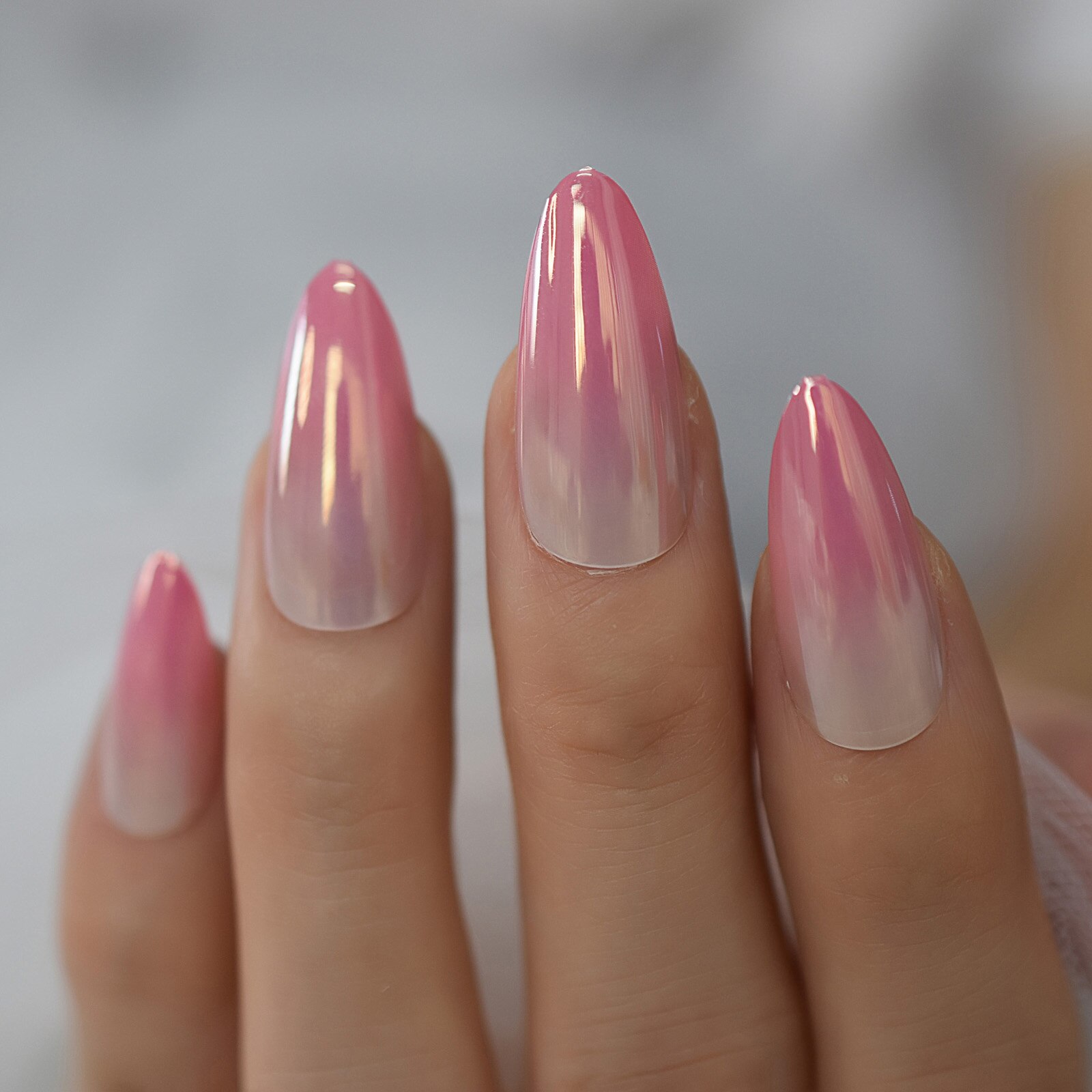 Churchf Ombre Nails Women Nails Fake Metallic Medium Stiletto Nude Pink ...